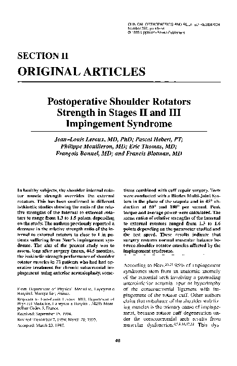 (PDF) Postoperative Shoulder Rotators Strength in Stages II and III Impingement Syndrome