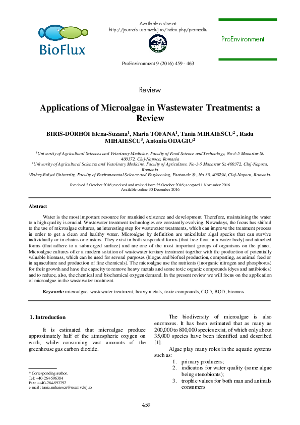 (PDF) Applications of Microalgae in Wastewater Treatments: a Review