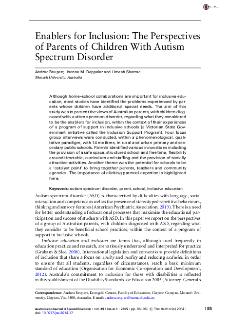 (PDF) Enablers for Inclusion: The Perspectives of Parents of Children ...
