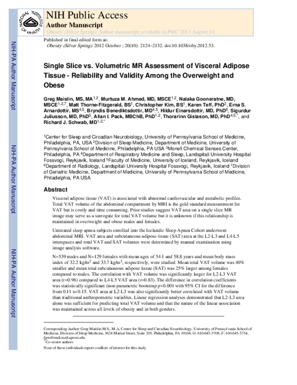 (PDF) Single slice vs. Volumetric MR assessment of visceral adipose ...