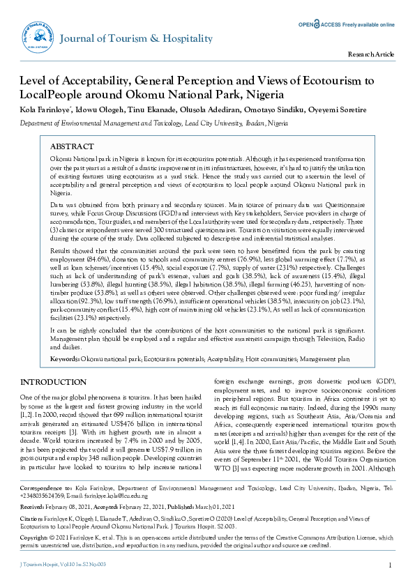 (PDF) Level of Acceptability, General Perception and Views of Ecotourism to Local People around ...