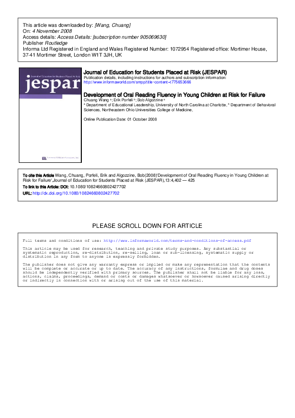 (PDF) Development of Oral Reading Fluency in Young Children at Risk for Failure
