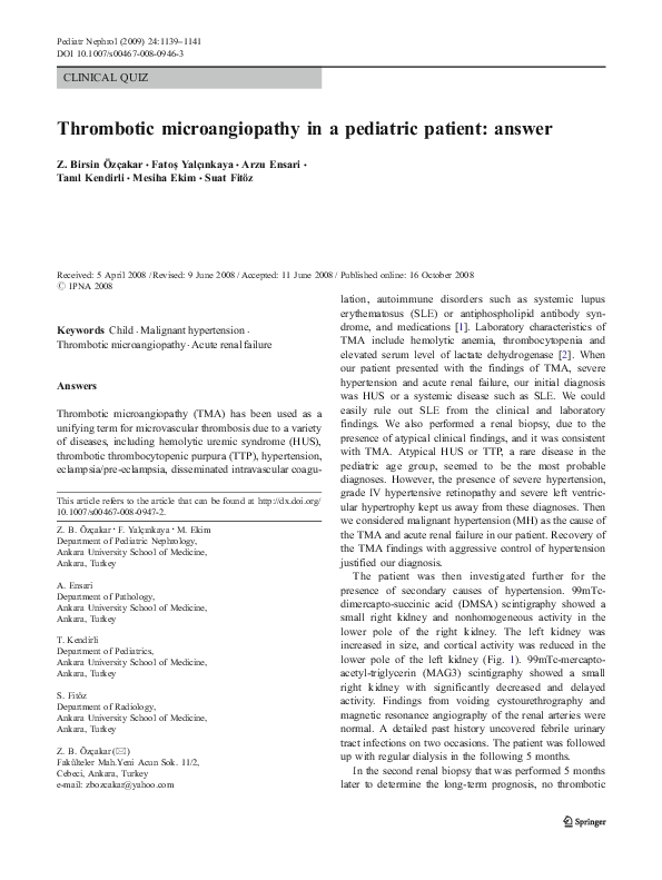 (PDF) Thrombotic microangiopathy in a pediatric patient: answer