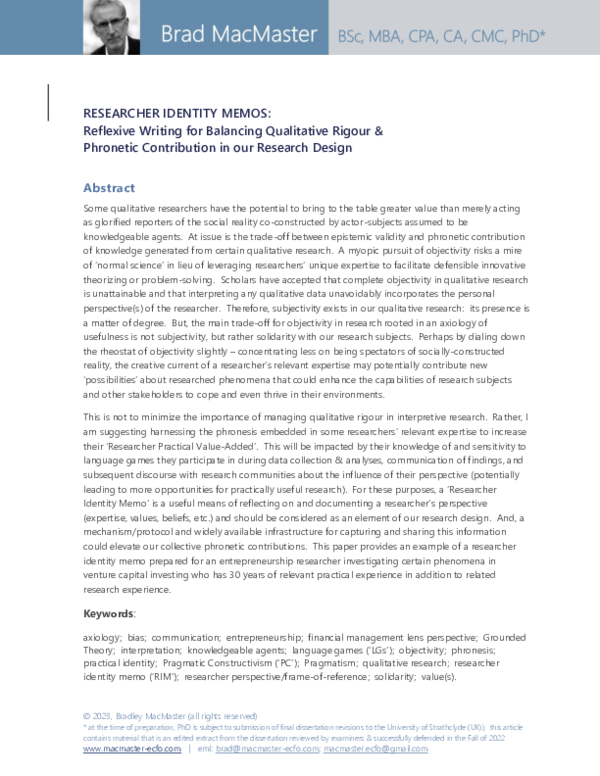 (PDF) RESEARCHER IDENTITY MEMOS: Reflexive Writing for Balancing ...