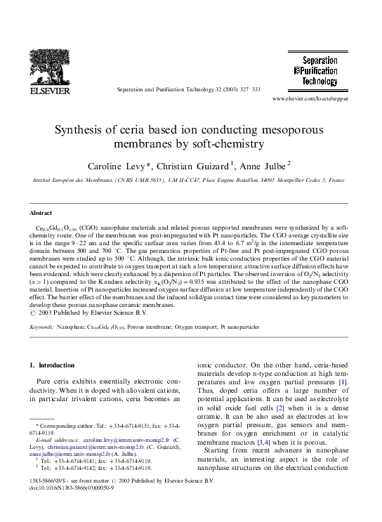 (PDF) Synthesis of ceria based ion conducting mesoporous membranes by ...