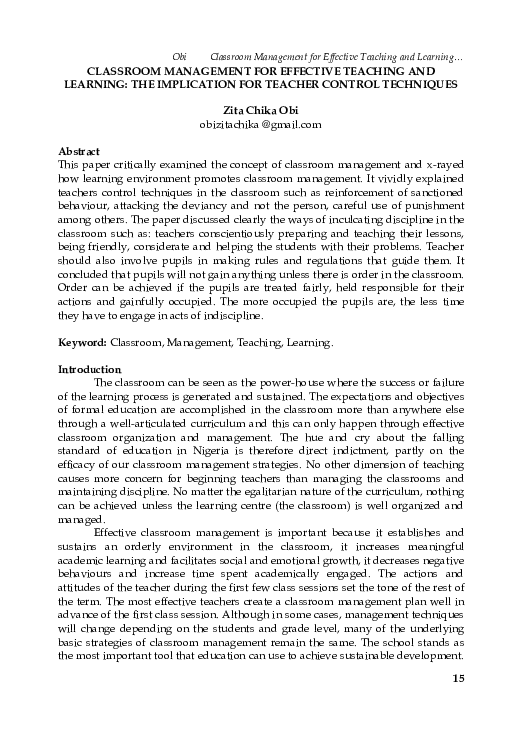 (PDF) Classroom Management for Effective Teaching and Learning: The ...