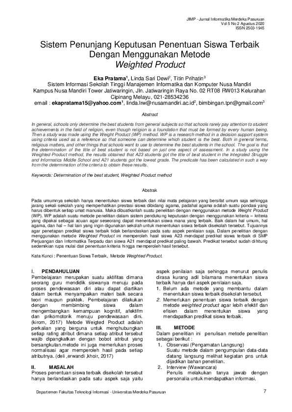 (PDF) Sistem Penunjang Keputusan Penentuan Siswa Terbaik Dengan Menggunakan Metode Weighted Product