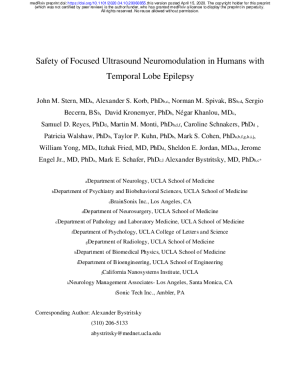 Pdf Safety Of Focused Ultrasound Neuromodulation In Humans With Temporal Lobe Epilepsy John