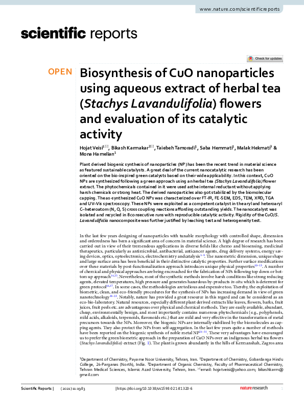 (PDF) Biosynthesis of CuO nanoparticles using aqueous extract of herbal tea (Stachys ...