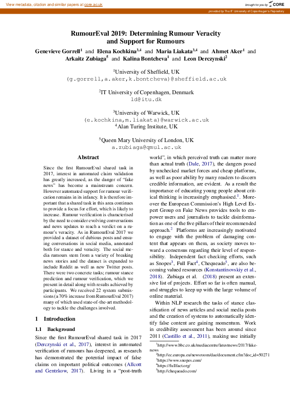 (PDF) SemEval-2019 Task 7: RumourEval 2019: Determining Rumour Veracity and Support for Rumours