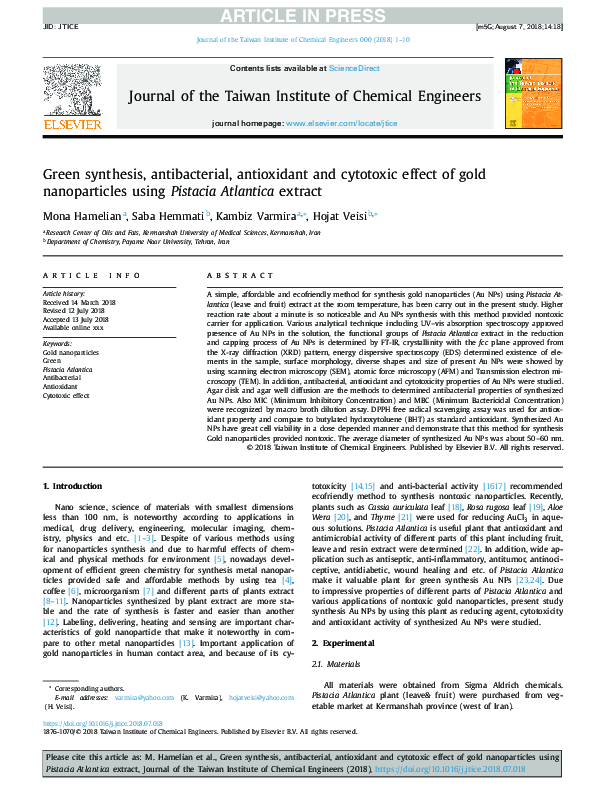 (PDF) Green synthesis, antibacterial, antioxidant and cytotoxic effect of gold nanoparticles ...