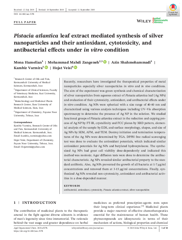 (PDF) Pistacia atlantica leaf extract mediated synthesis of silver nanoparticles and their ...