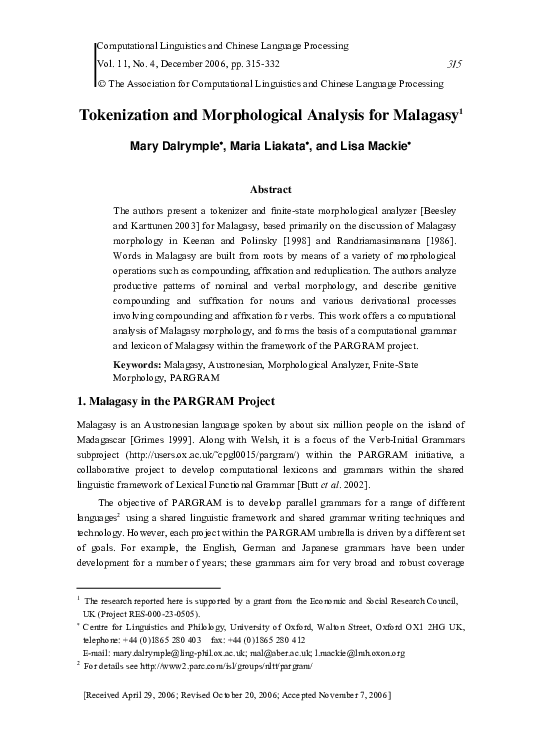(PDF) Tokenization and Morphological Analysis for Malagasy | Maria ...