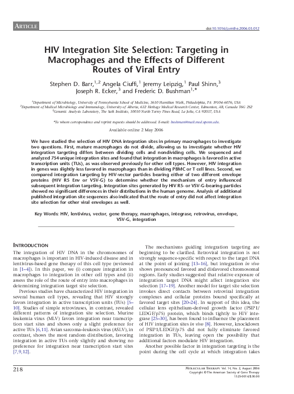 (PDF) HIV Integration Site Selection: Targeting in Macrophages and the ...