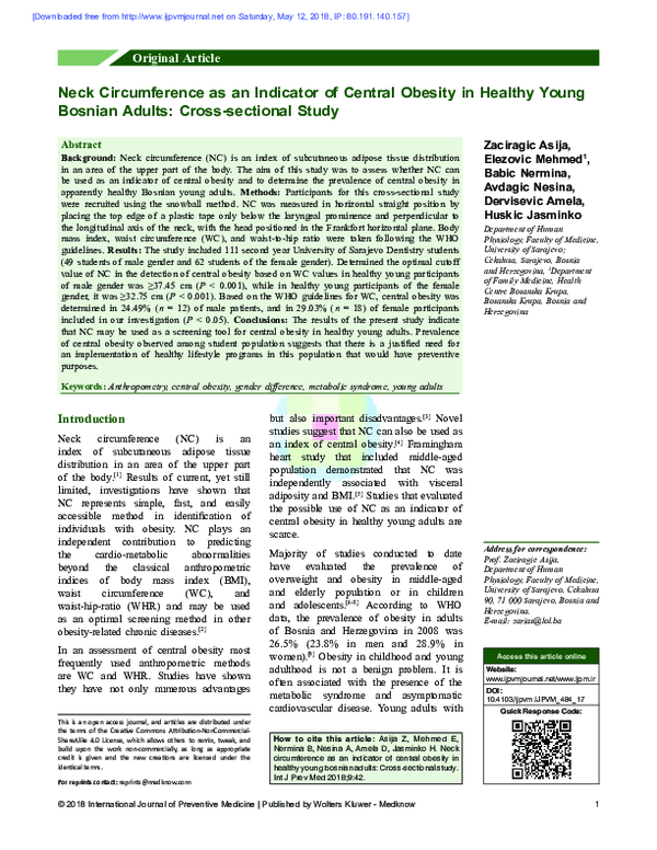 (PDF) Neck circumference as an indicator of central obesity in healthy ...