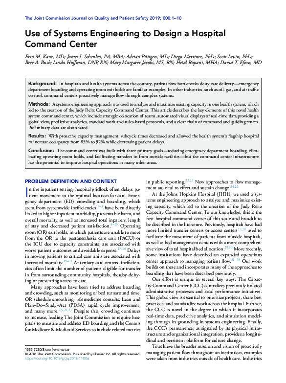 (PDF) Use of Systems Engineering to Design a Hospital Command Center