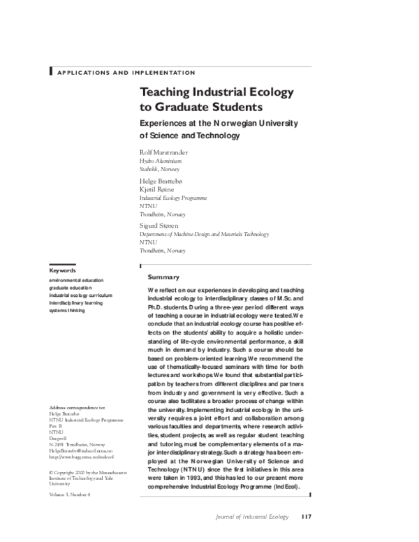 (PDF) Teaching Industrial Ecology to Graduate Students: Experiences at ...