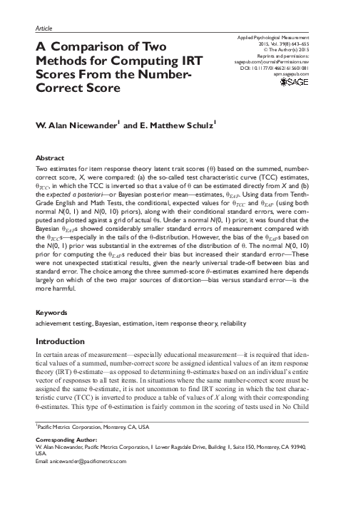(PDF) A Comparison of Two Methods for Computing IRT Scores From the ...