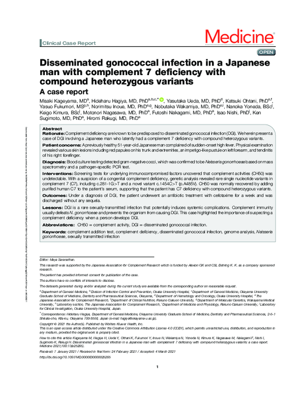 (PDF) Disseminated gonococcal infection in a Japanese man with complement 7 deficiency with ...