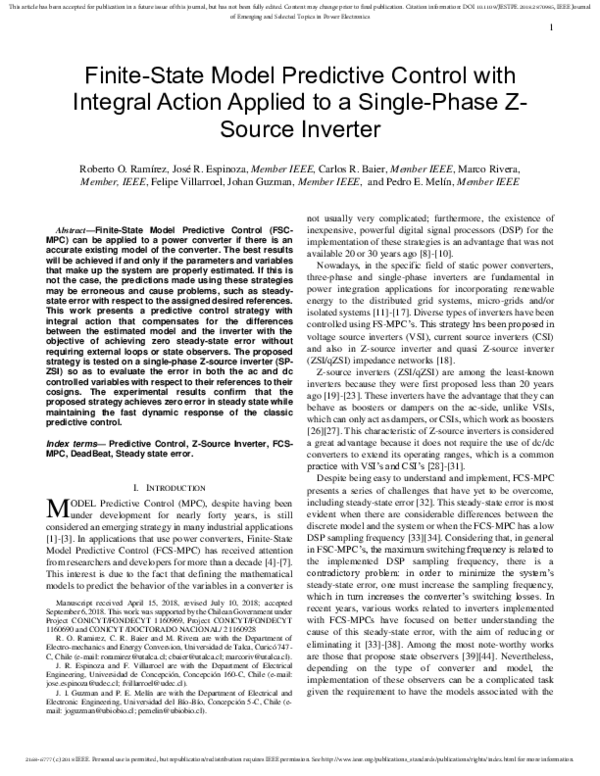 Pdf Finite State Model Predictive Control With Integral Action Applied To A Single Phase Z