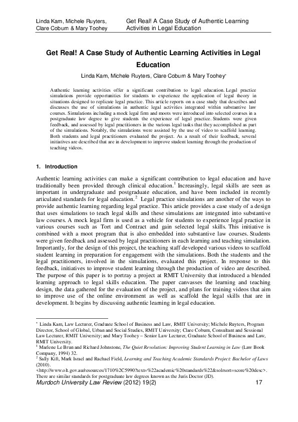 (PDF) Get real! A case study of authentic learning activities in legal education