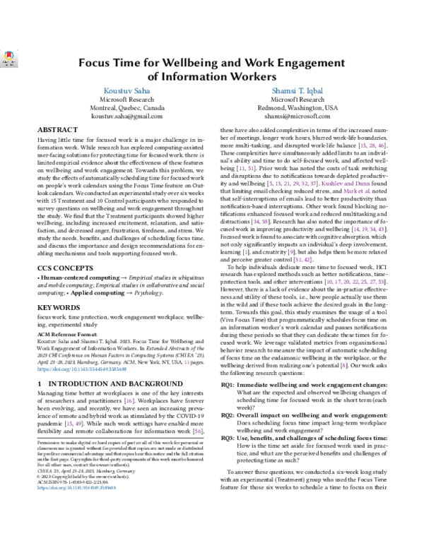 (PDF) Focus Time for Wellbeing and Work Engagement of Information Workers