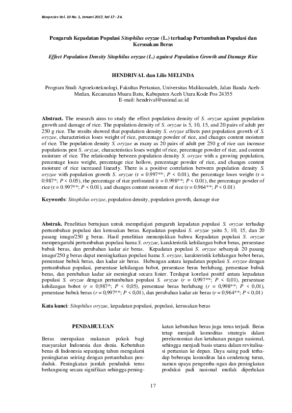 (PDF) Pengaruh Kepadatan Populasi Sitophilus oryzae (L.) terhadap Pertumbuhan Populasi dan ...
