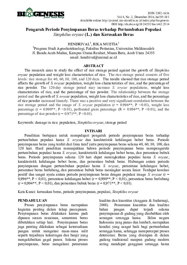 (PDF) Pengaruh Periode Penyimpanan Beras terhadap Pertumbuhan Populasi Sitophilus oryzae (L ...