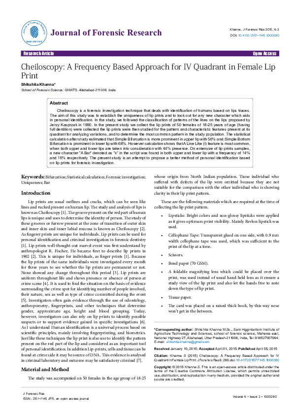 (PDF) Cheiloscopy: A Frequency Based Approach for IV Quadrant in Female Lip Print