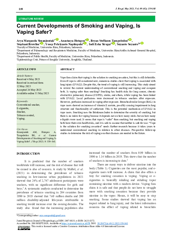 (PDF) Current Developments of Smoking and Vaping, Is Vaping Safer?