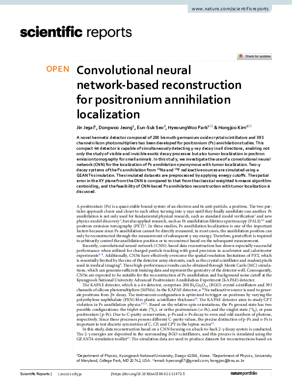 (PDF) Convolutional Neural Network-based Reconstruction for Positronium Annihilation Localization