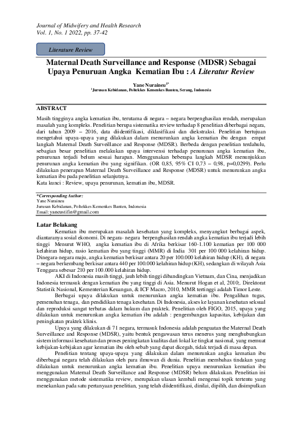 (PDF) Maternal Death Surveillance and Response (MDSR) Sebagai Upaya ...