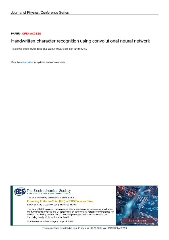 (PDF) Handwritten character recognition using convolutional neural network (PDF) Handwritten character recognition using convolutional neural network