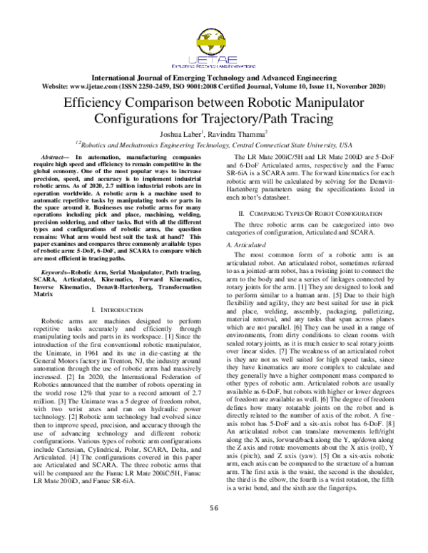 (PDF) Efficiency Comparison between Robotic Manipulator Configurations for Trajectory/Path Tracing