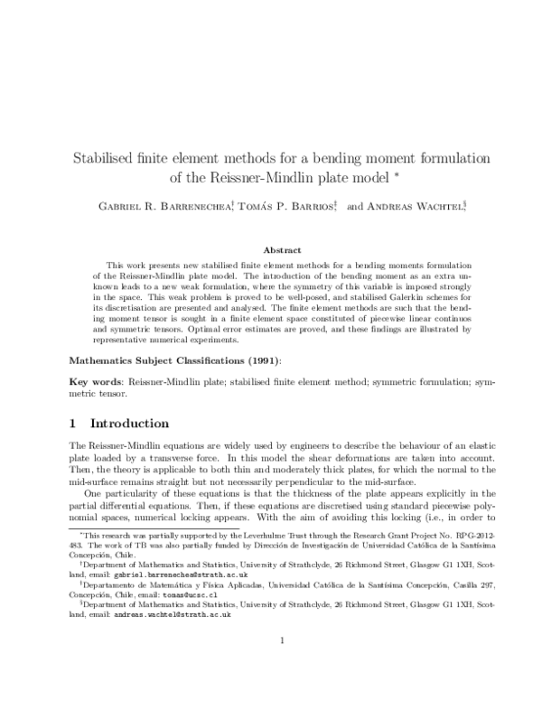 (PDF) Stabilised finite element methods for a bending moment formulation of the Reissner-Mindlin ...
