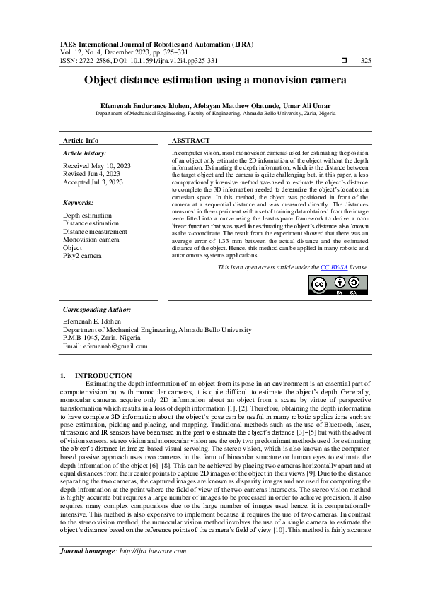 Pdf Object Distance Estimation Using A Monovision Camera