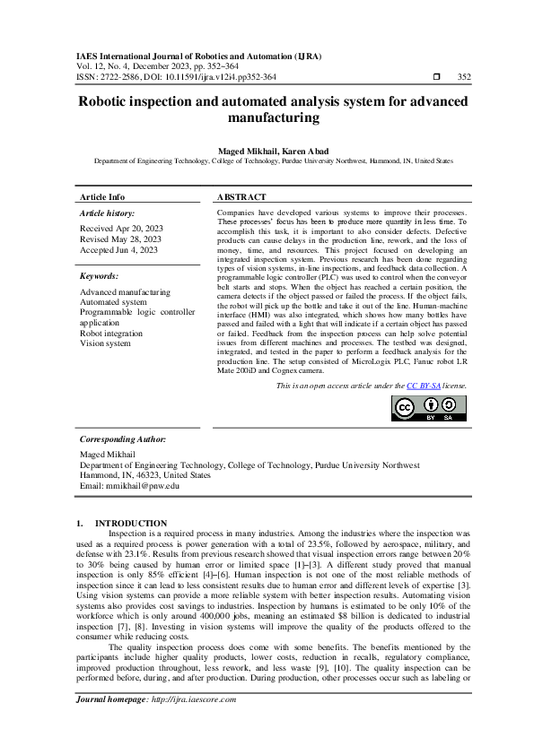 (PDF) Robotic inspection and automated analysis system for advanced manufacturing