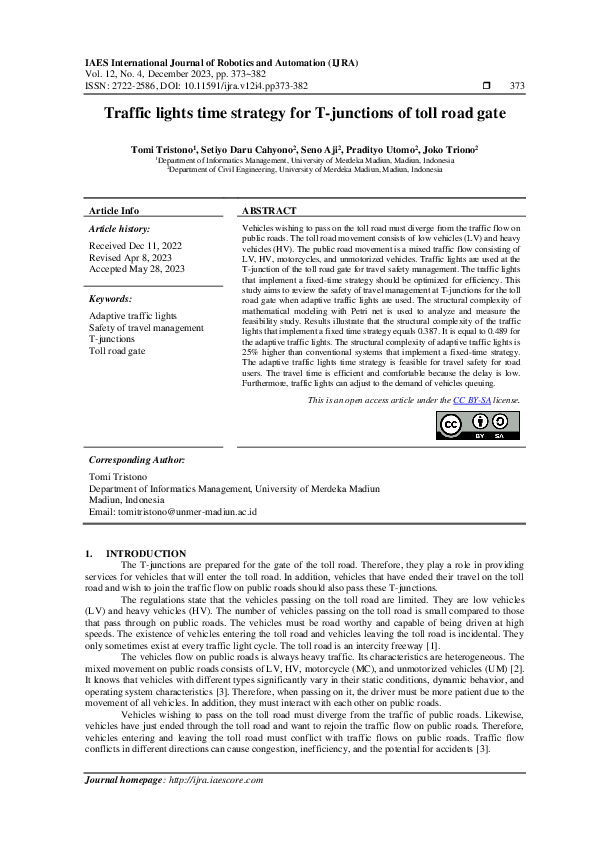 (PDF) Traffic lights time strategy for T-junctions of toll road gate