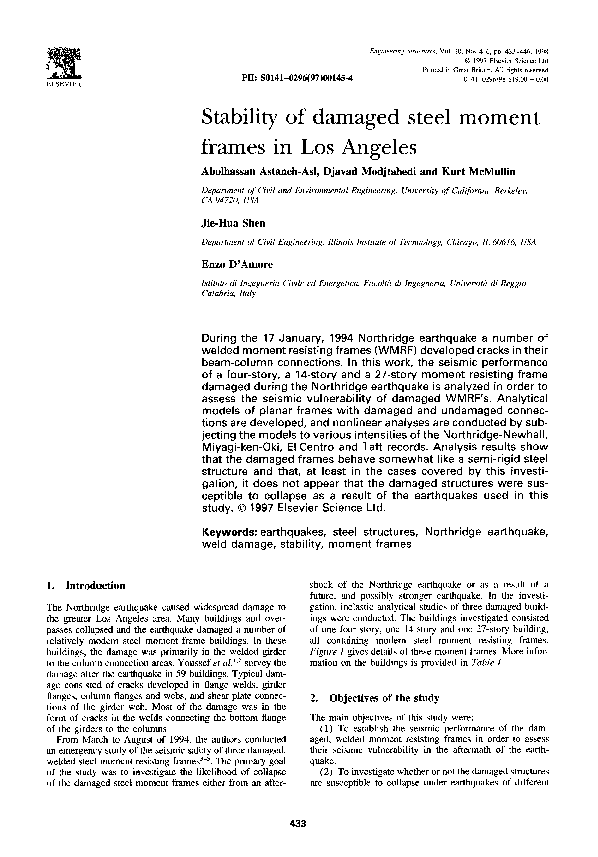 (PDF) Stability of damaged steel moment frames in Los Angeles | Abolhassan ASTANEH-ASL ...