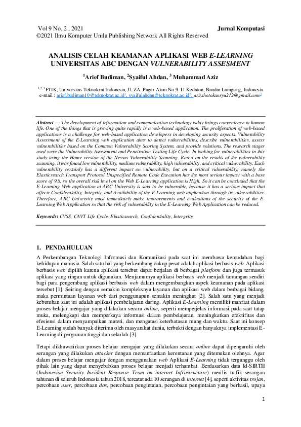 (PDF) Analisis Celah Keamanan Aplikasi Web E-Learning Universitas Abc ...