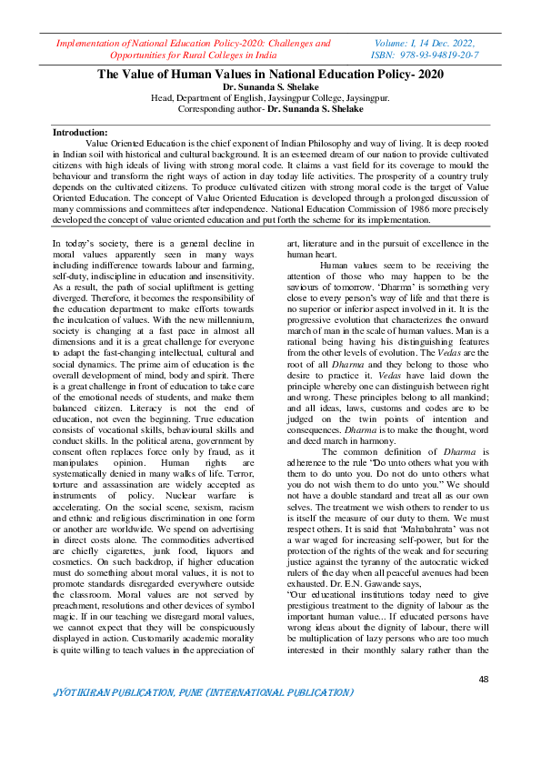 (PDF) The Value of Human Values in National Education Policy- 2020