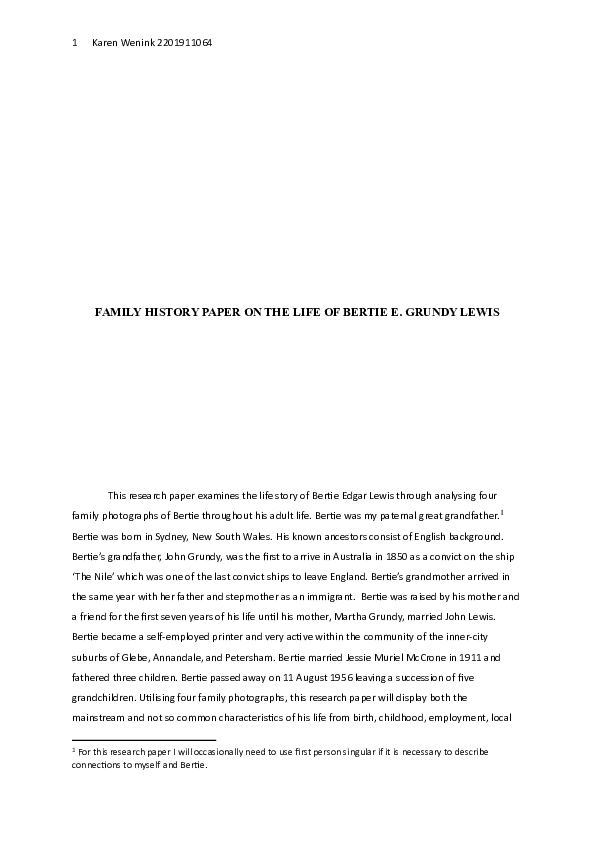 Family History Paper on Bertie E Grundy Lewis