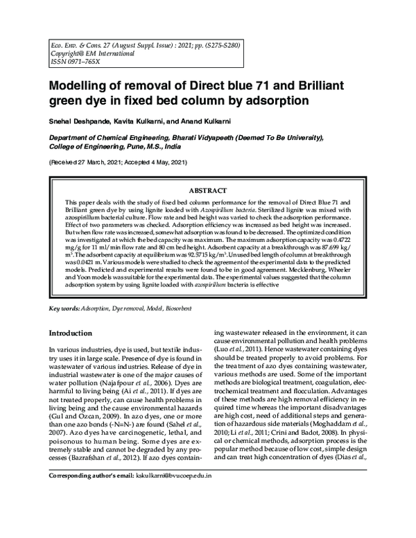 (PDF) Modelling of removal of Direct blue 71 and Brilliant green dye in ...