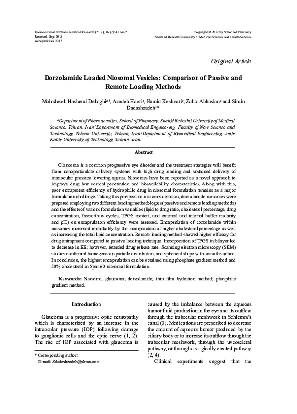 Pdf Dorzolamide Loaded Niosomal Vesicles Comparison Of Passive And Remote Loading Methods