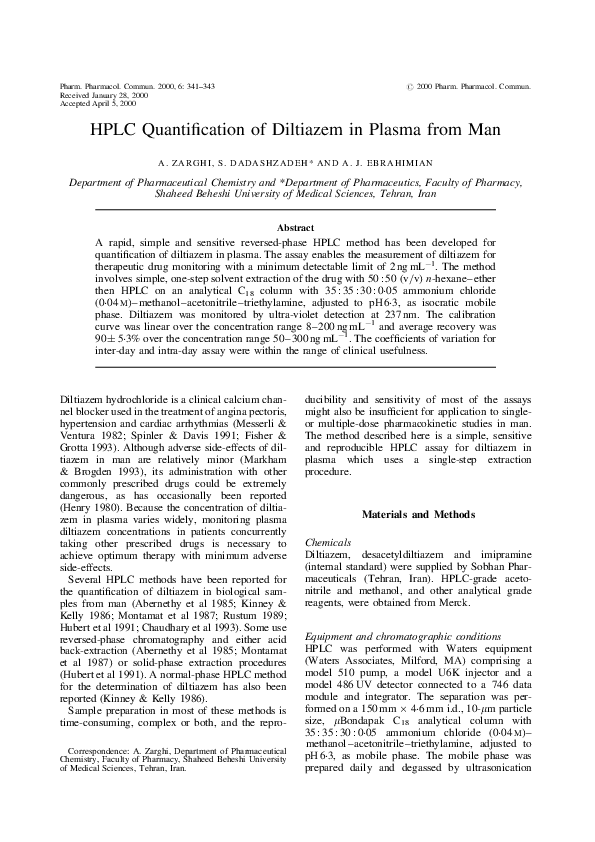 (PDF) HPLC Quantification of Diltiazem in Plasma from Man