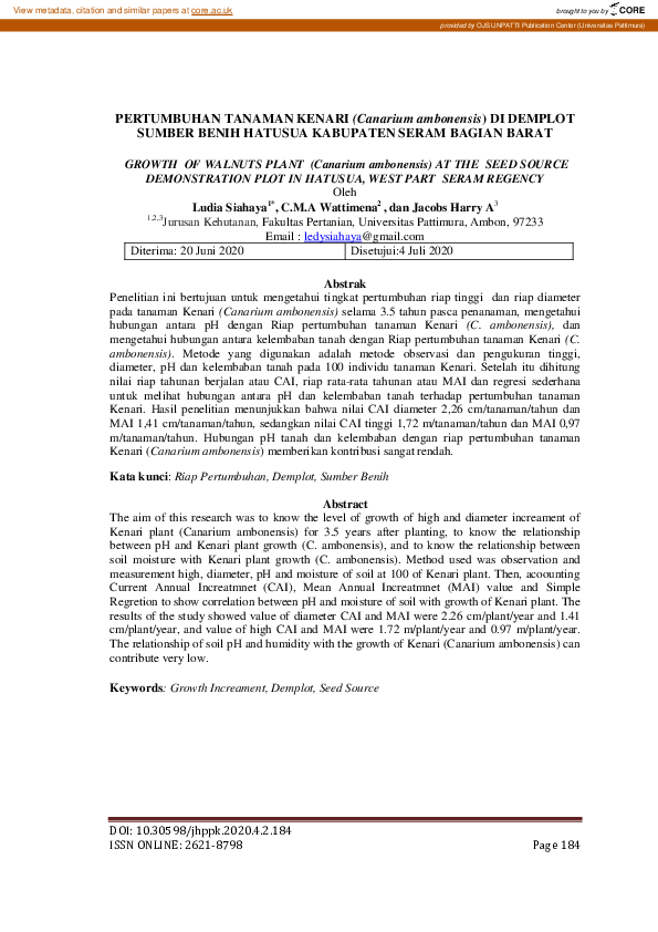 (PDF) PERTUMBUHAN TANAMAN KENARI (Canarium ambonensis) DI DEMPLOT ...