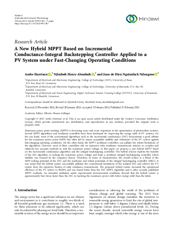 (PDF) A New Hybrid MPPT Based on Incremental Conductance-Integral Backstepping Controller ...