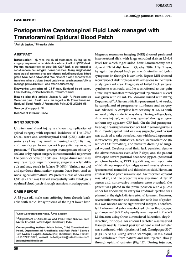 (PDF) Postoperative Cerebrospinal Fluid Leak managed with ...