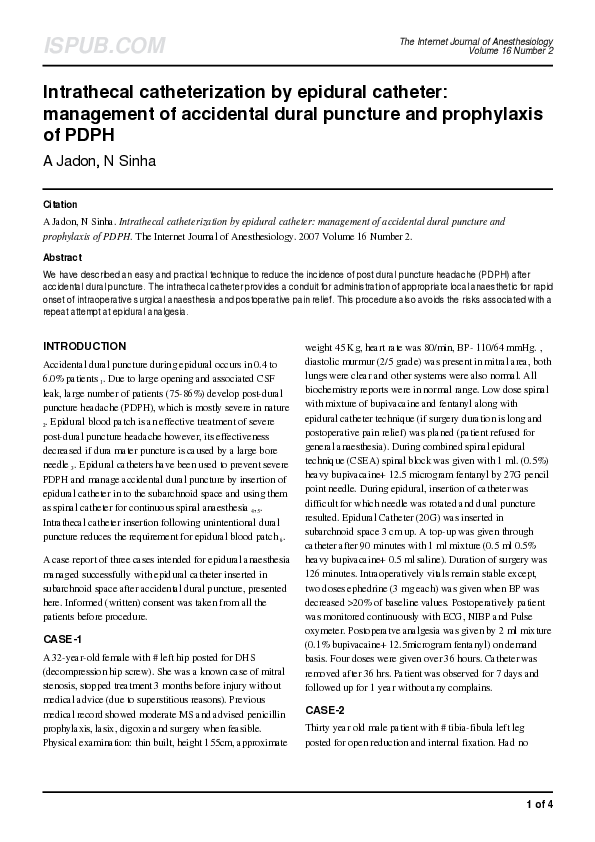 (PDF) Intrathecal catheterization by epidural catheter: management of ...