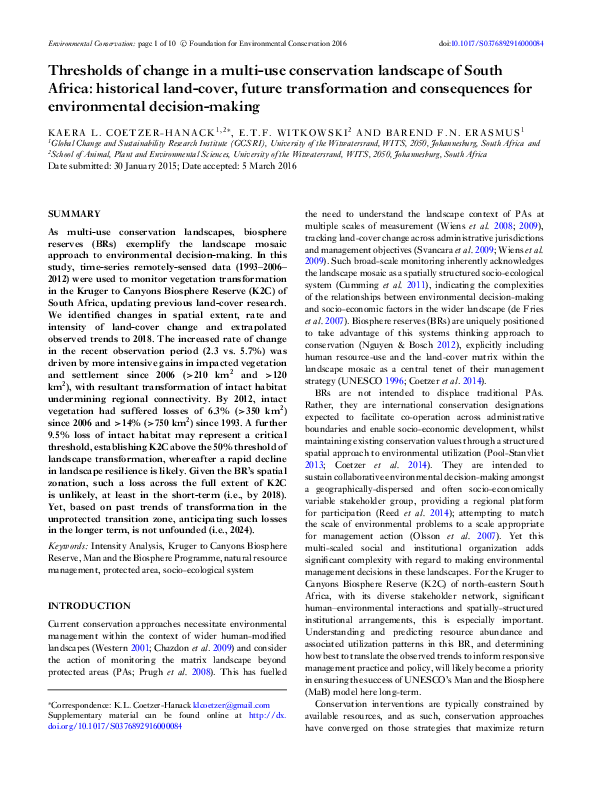 (PDF) Thresholds of change in a multi-use conservation landscape of South Africa: historical ...